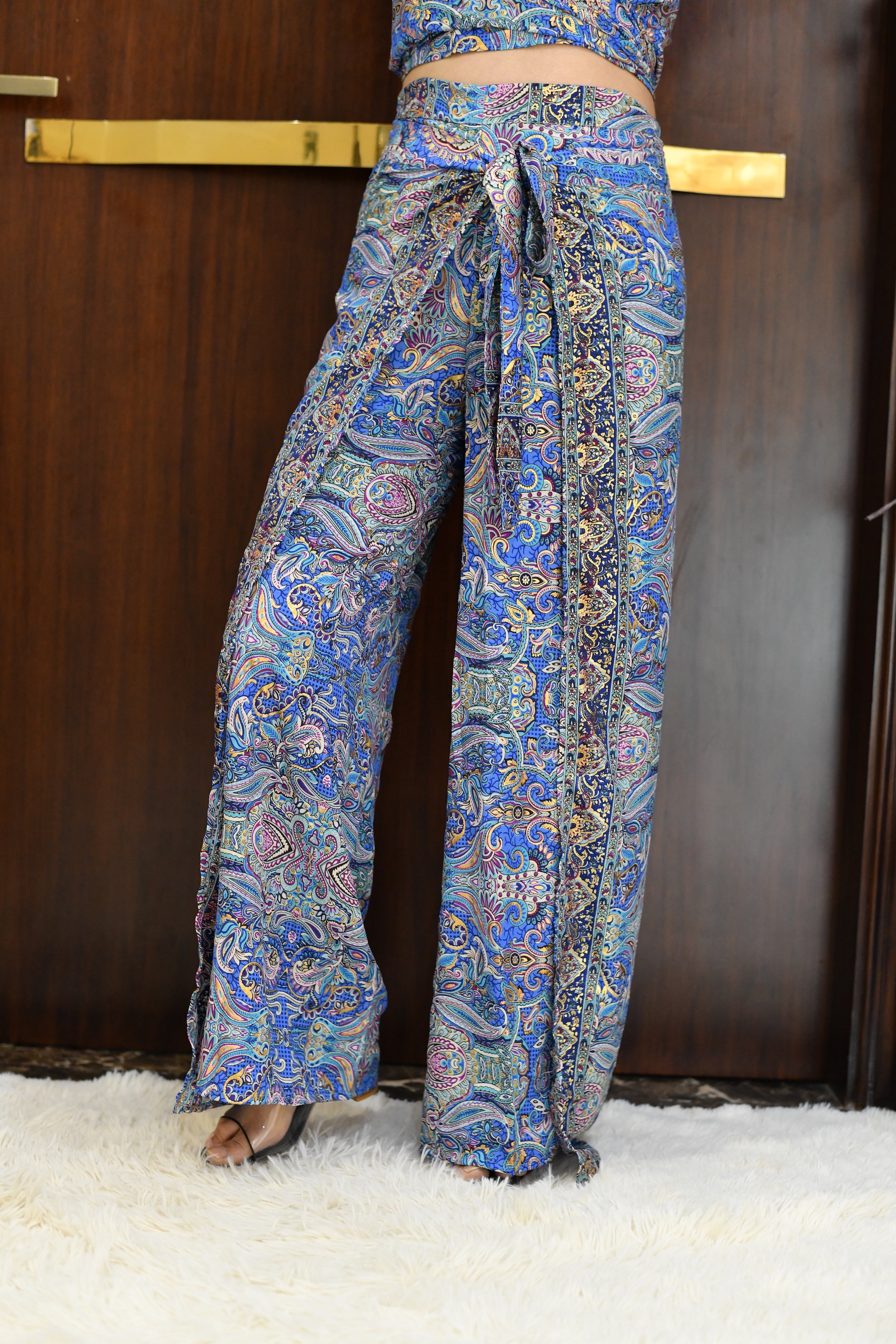 Boho Printed Wrap Trouser - Ocean Mist